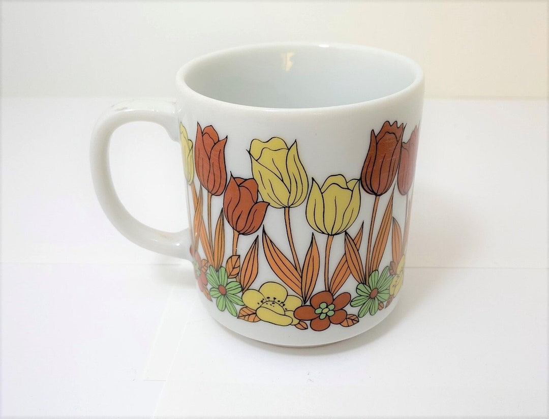 Vintage Mod Flower Power 70’s Mug Yellow Brown Orange, Red Tulips Mcm ...