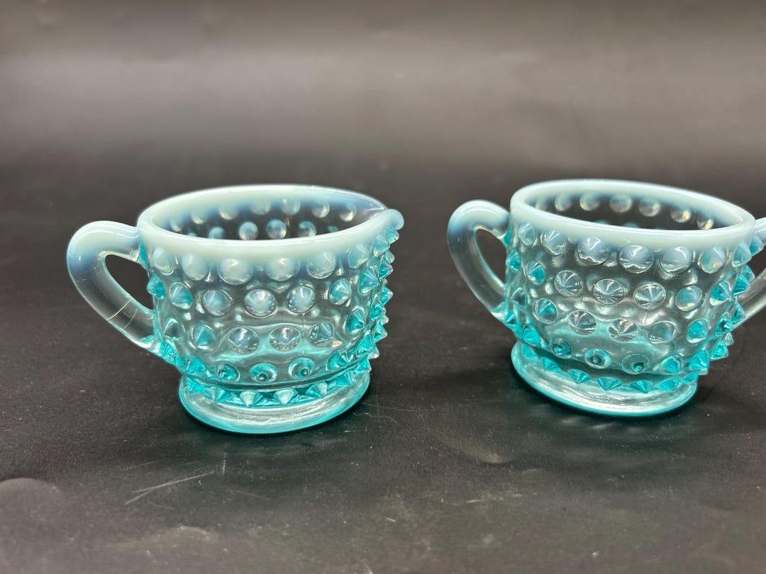 Vintage URANIUM Blue White Opalescent Fenton Hobnail Creamer and Sugar ...