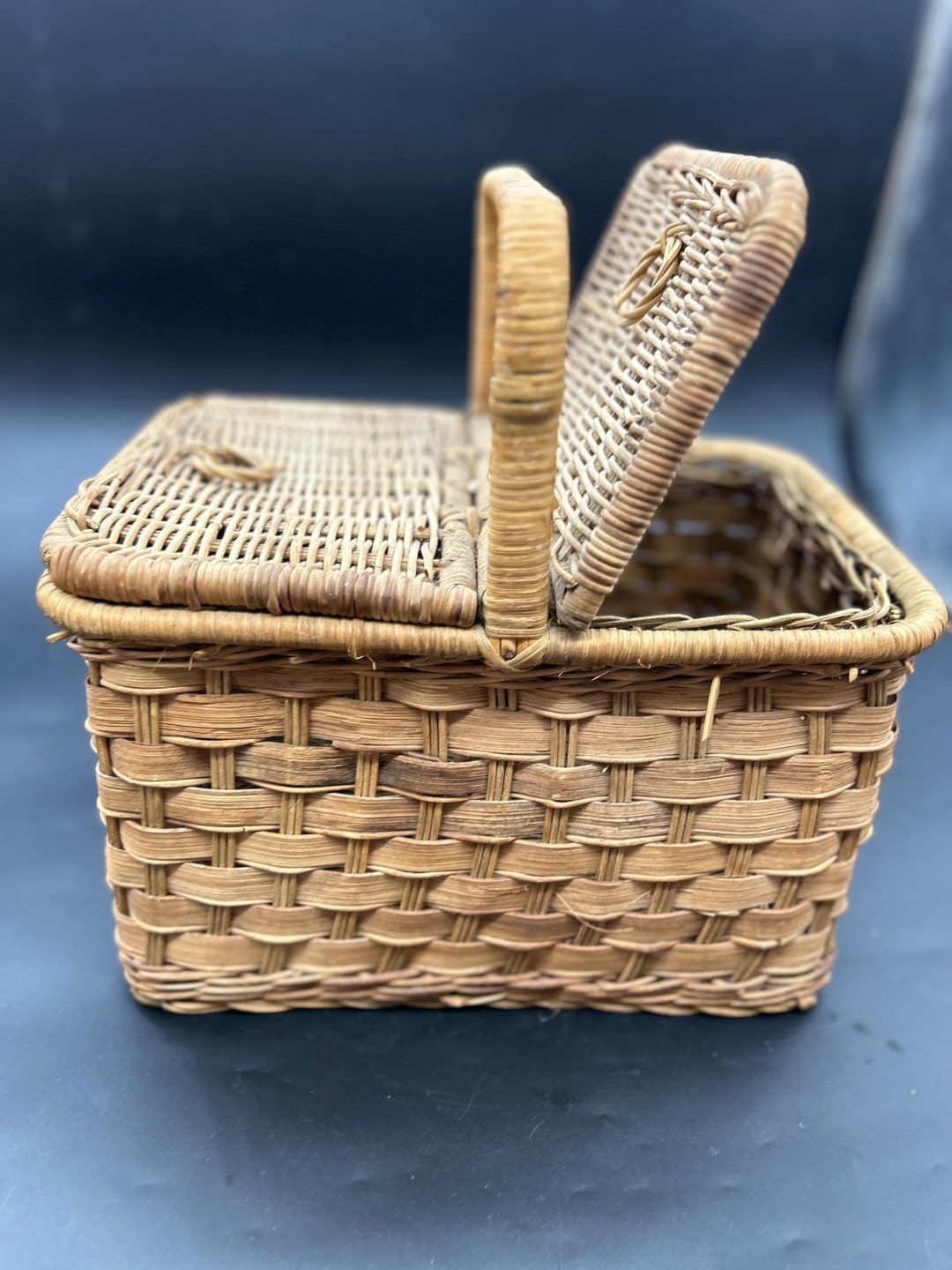 Vintage Woven Wicker Picnic Basket Double Hinged Lid Rattan MCM Dorothy ...