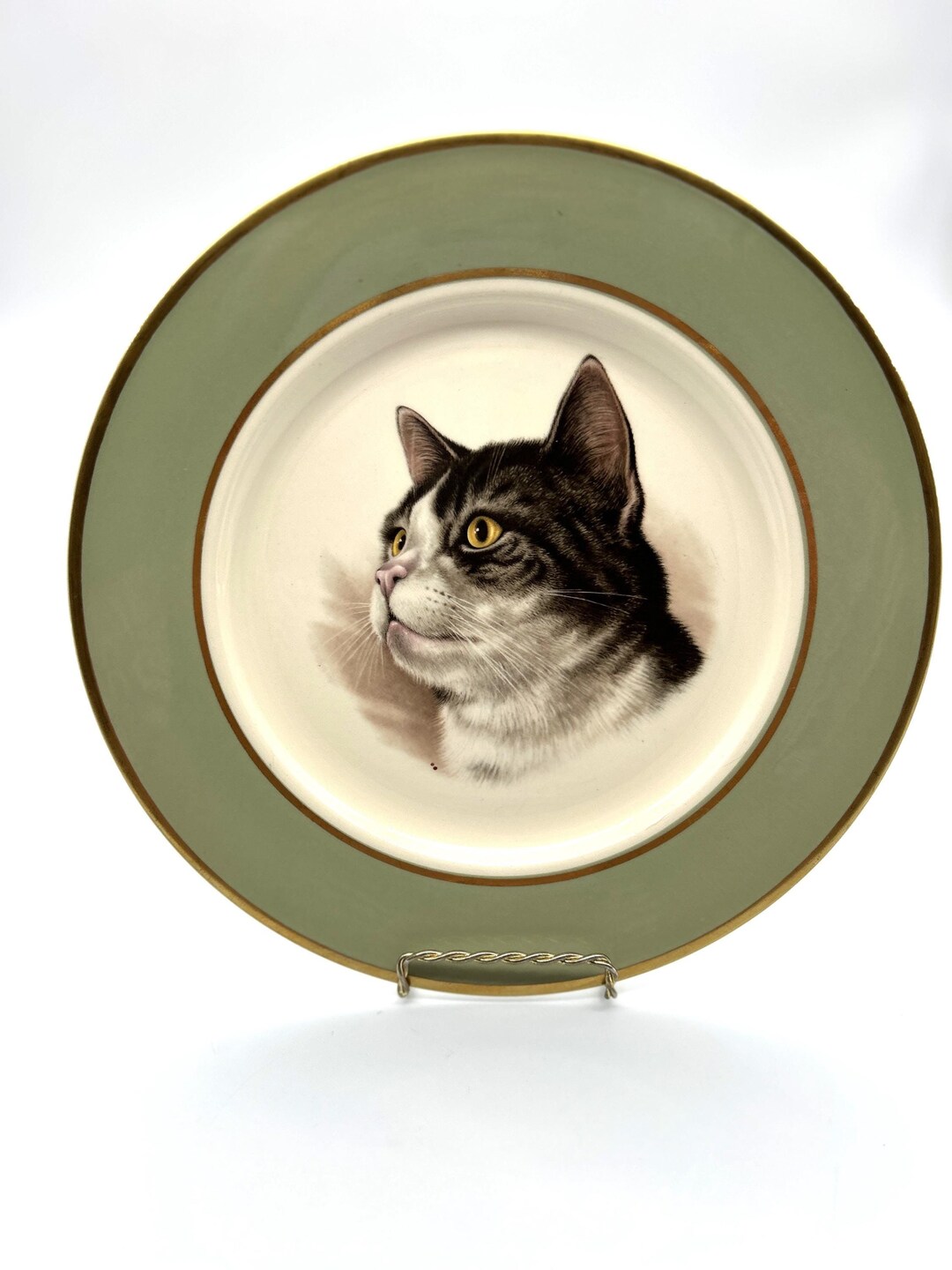 Vintage Classic Heritage Green Cat Plate Grey White Stripes Cat Kitten ...