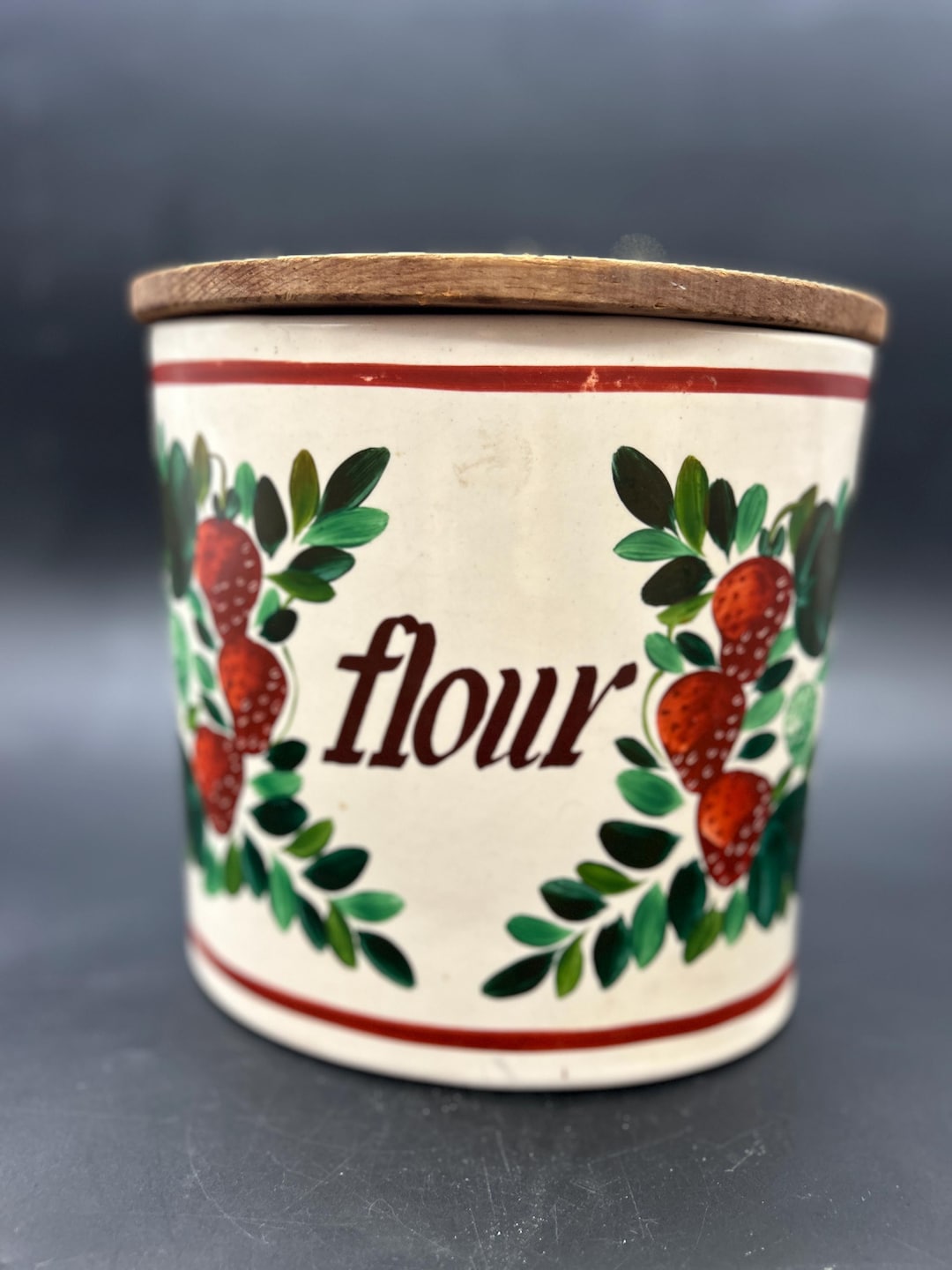 Vintage Bauer Pottery Flour Canister Hand Painted Strawberry Wood Lid ...