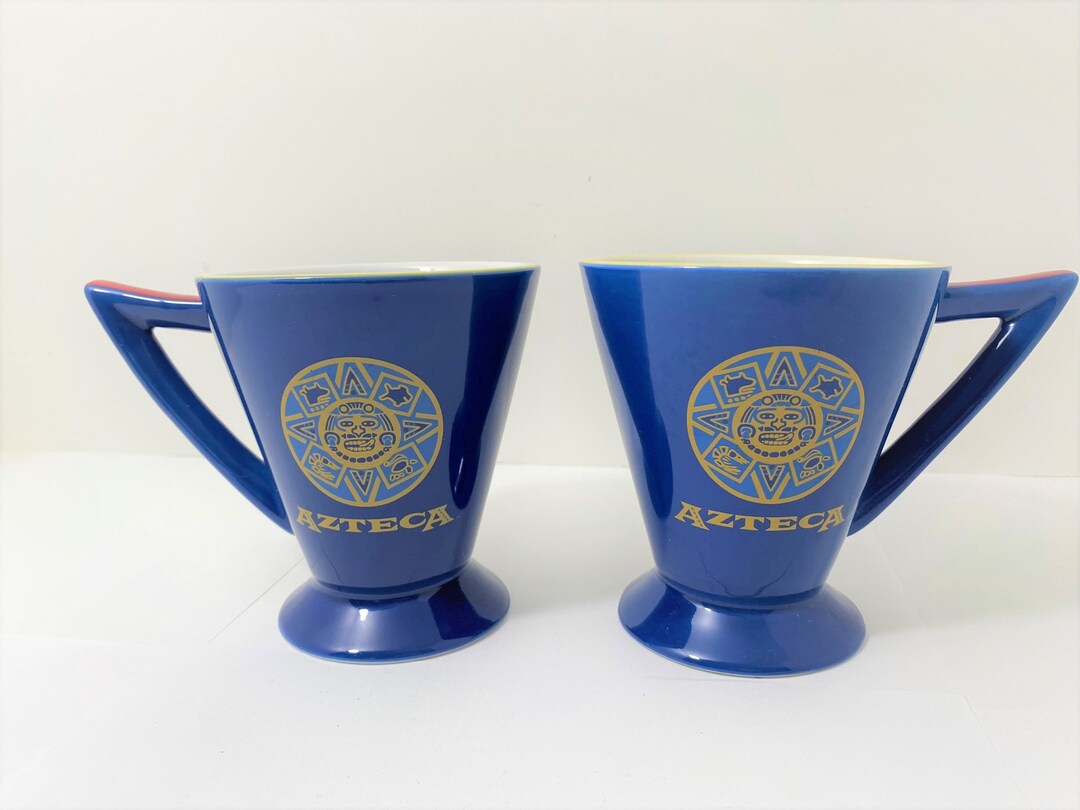 2 Azteca Imported Kamora Coffee Liqueur Mugs Cups Blue Red USA 4.5" Mcm ...