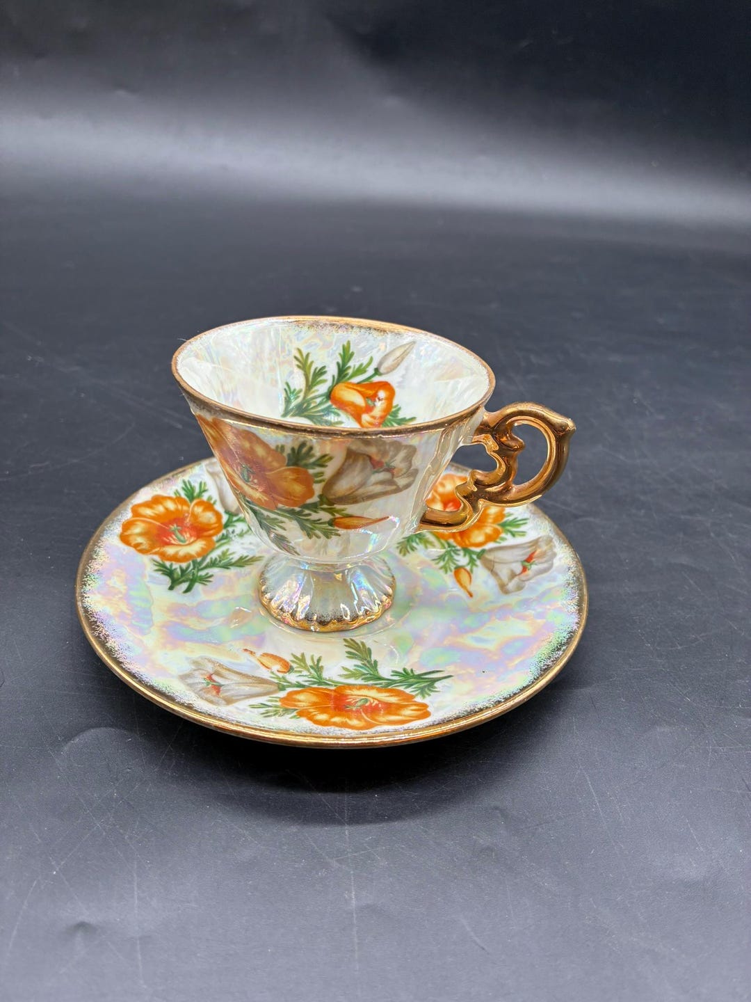 Ucagco August Poppy Tea Cup & Saucer, 1950s Japan, Gold Lusterware - Etsy