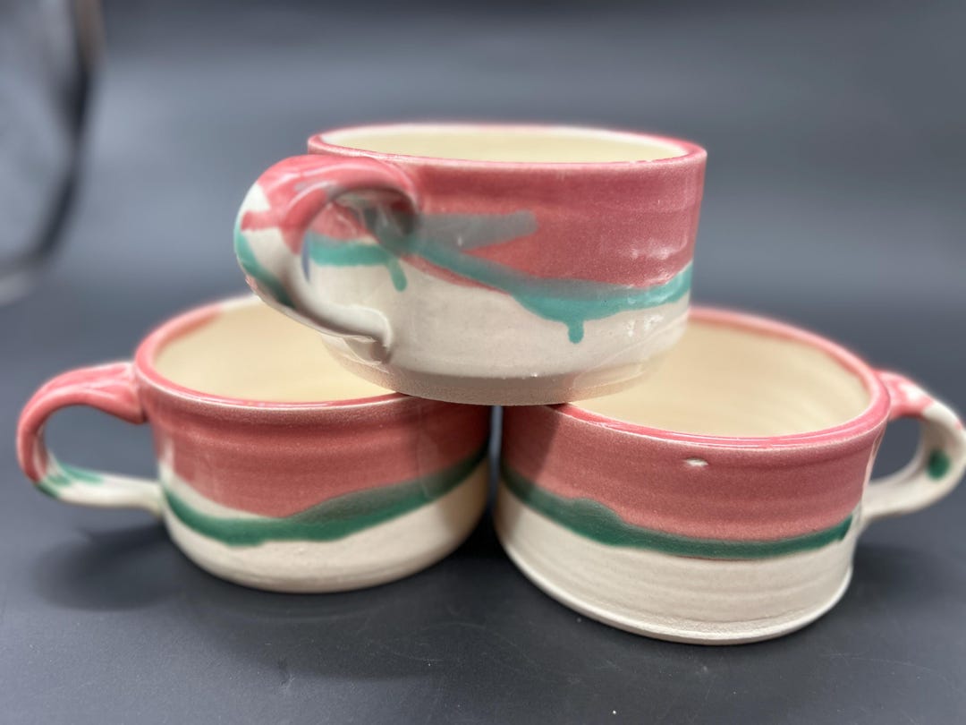 Set of 3 Art Pottery Soup Mugs Large Drip Glaze Pink Green Speckles - Etsy