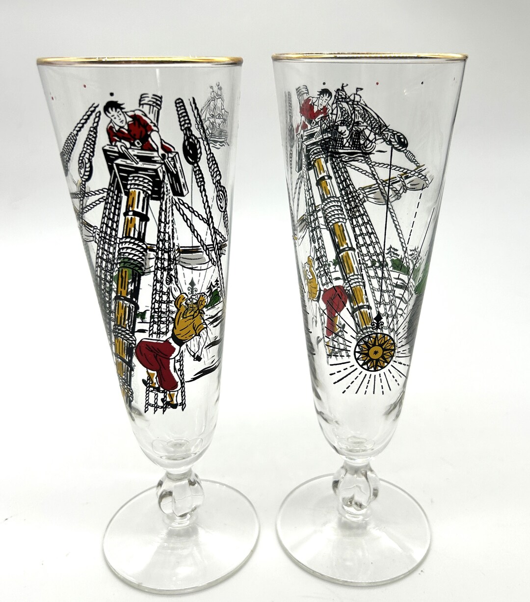 MCM Libbey Pilsner Treasure Island Pirate Buccaneer Glasses 8.5" Gold ...