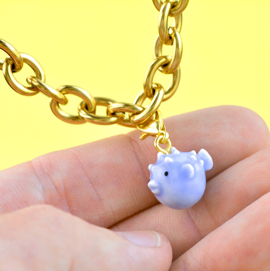 Hand-painted Porcelain Light Blue Puffer Fish Charm | Unique Puffer ...