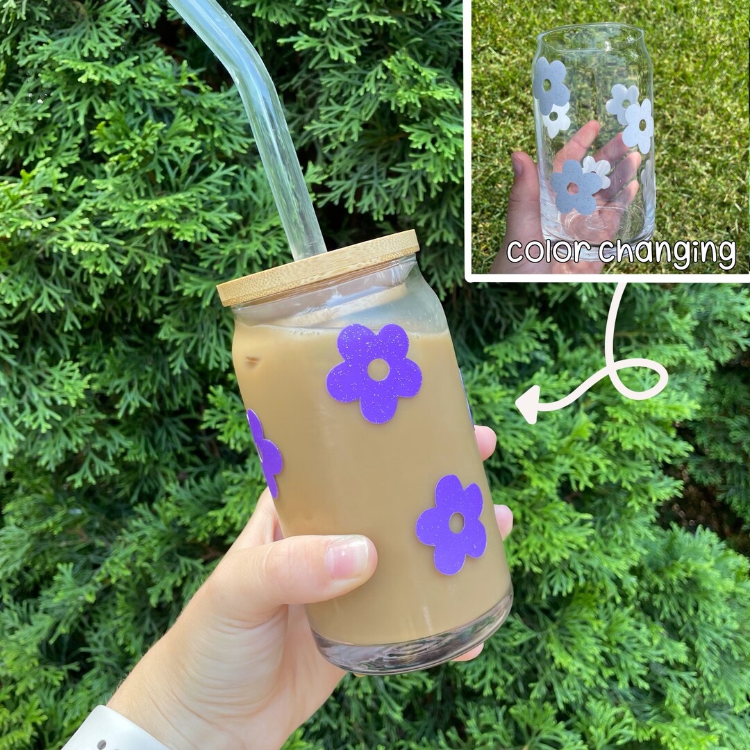 Color Changing Retro Sparkly Flowers Glass Can Cup Libbey Cup Can ...