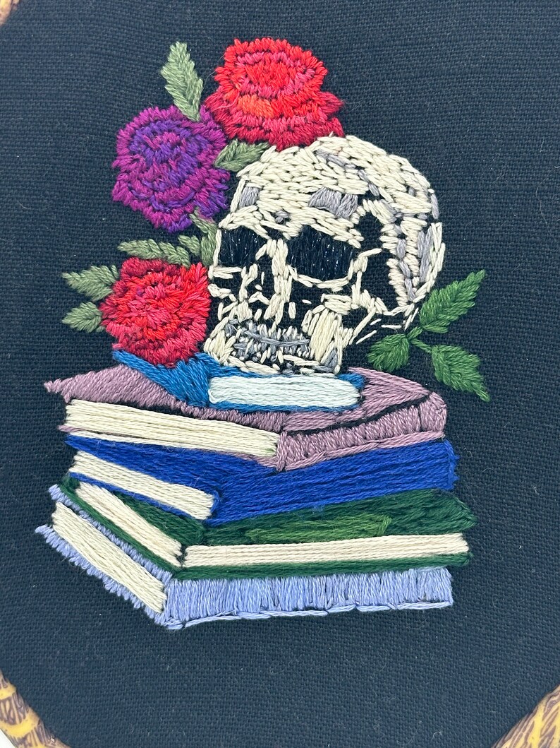 Gothic Embroidery Wall Art - Skull With Roses and Spellbooks - Witchy ...