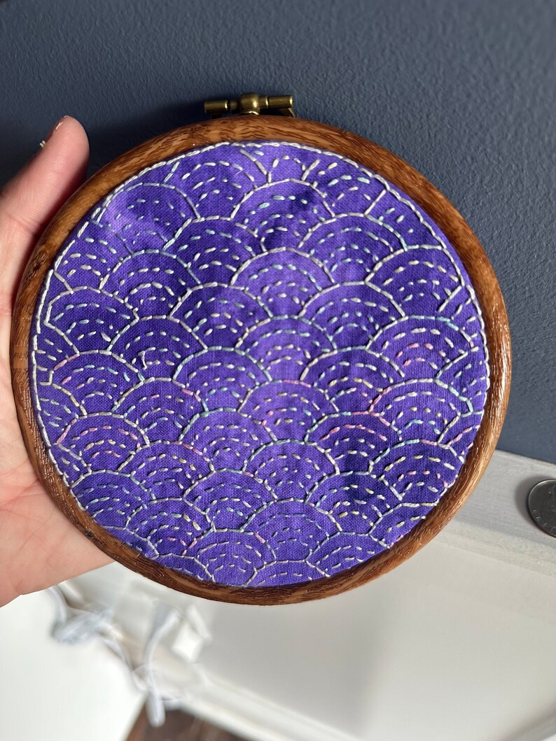Handmade Japanese Sashiko Embroidery Wall Art in Faux Wood Hoop ...