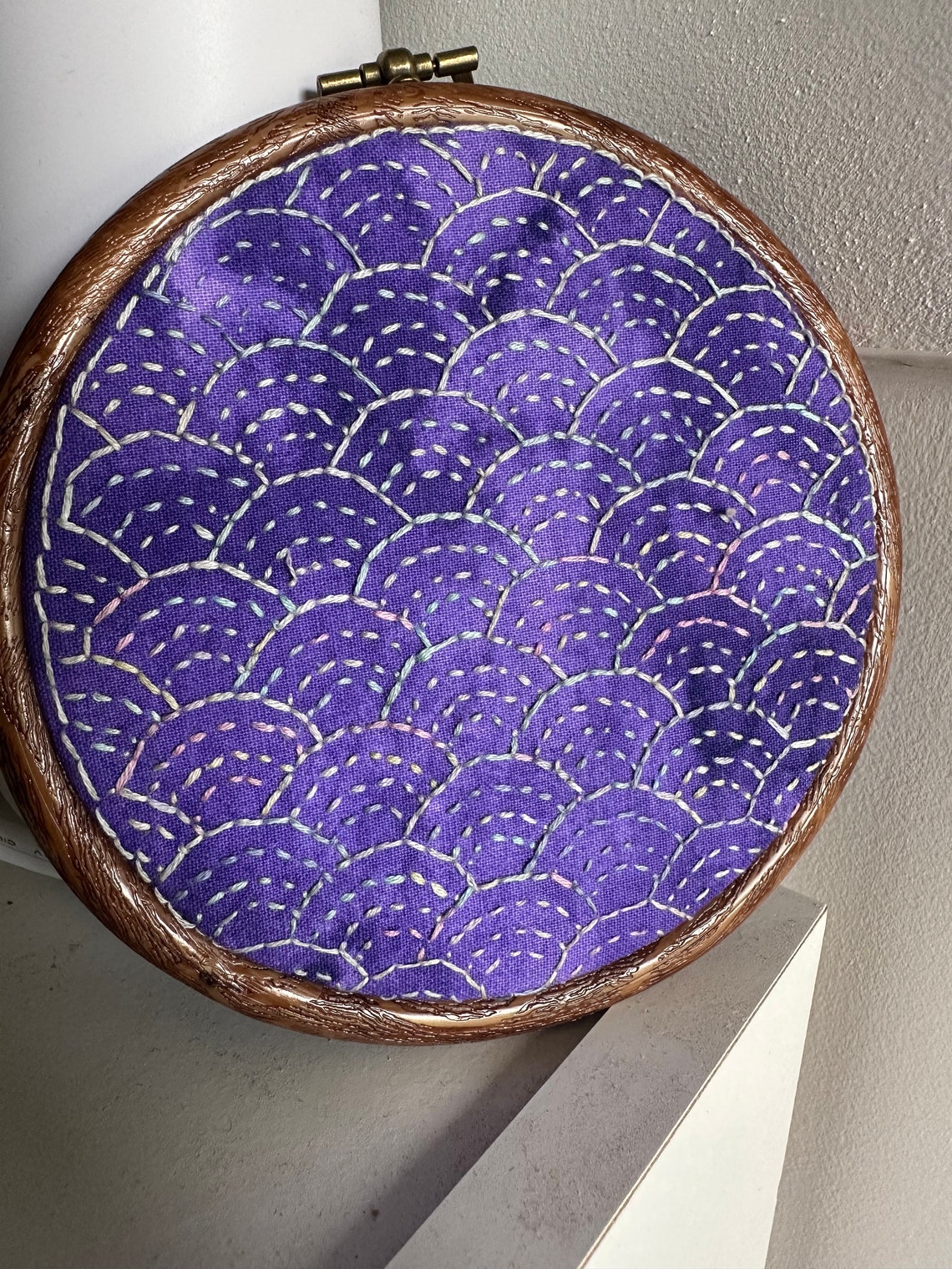 Handmade Japanese Sashiko Embroidery Wall Art in Faux Wood Hoop ...