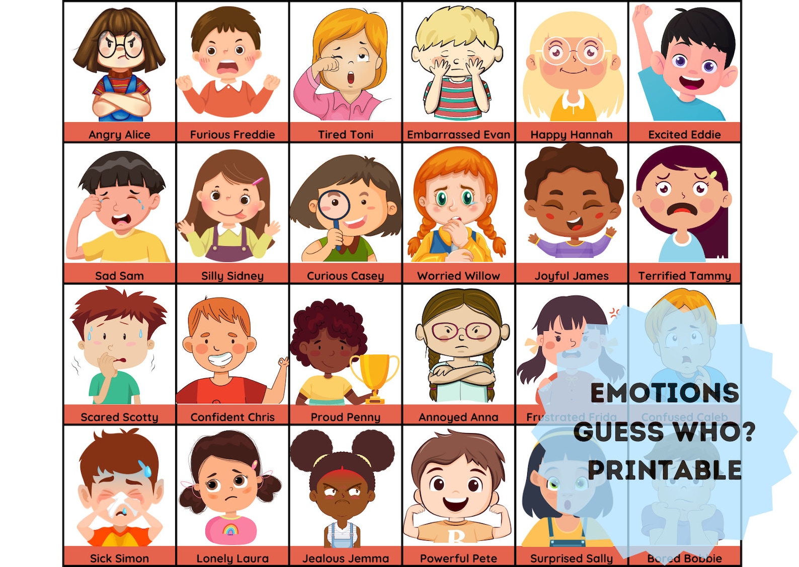 Emotions/feelings Guess Who Board Game - TWO Sizes - Digital Download ...