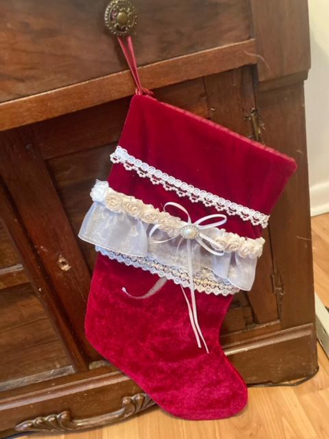 Victorian Style Red Satin Christmas Stocking Incrusted With Vintage Jewelry Pearls Victorian ...