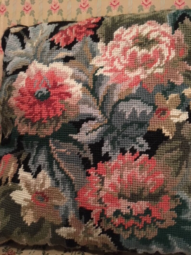 Vintage Needlepoint Floral Black 14 X 14 Victorian Classic - Etsy