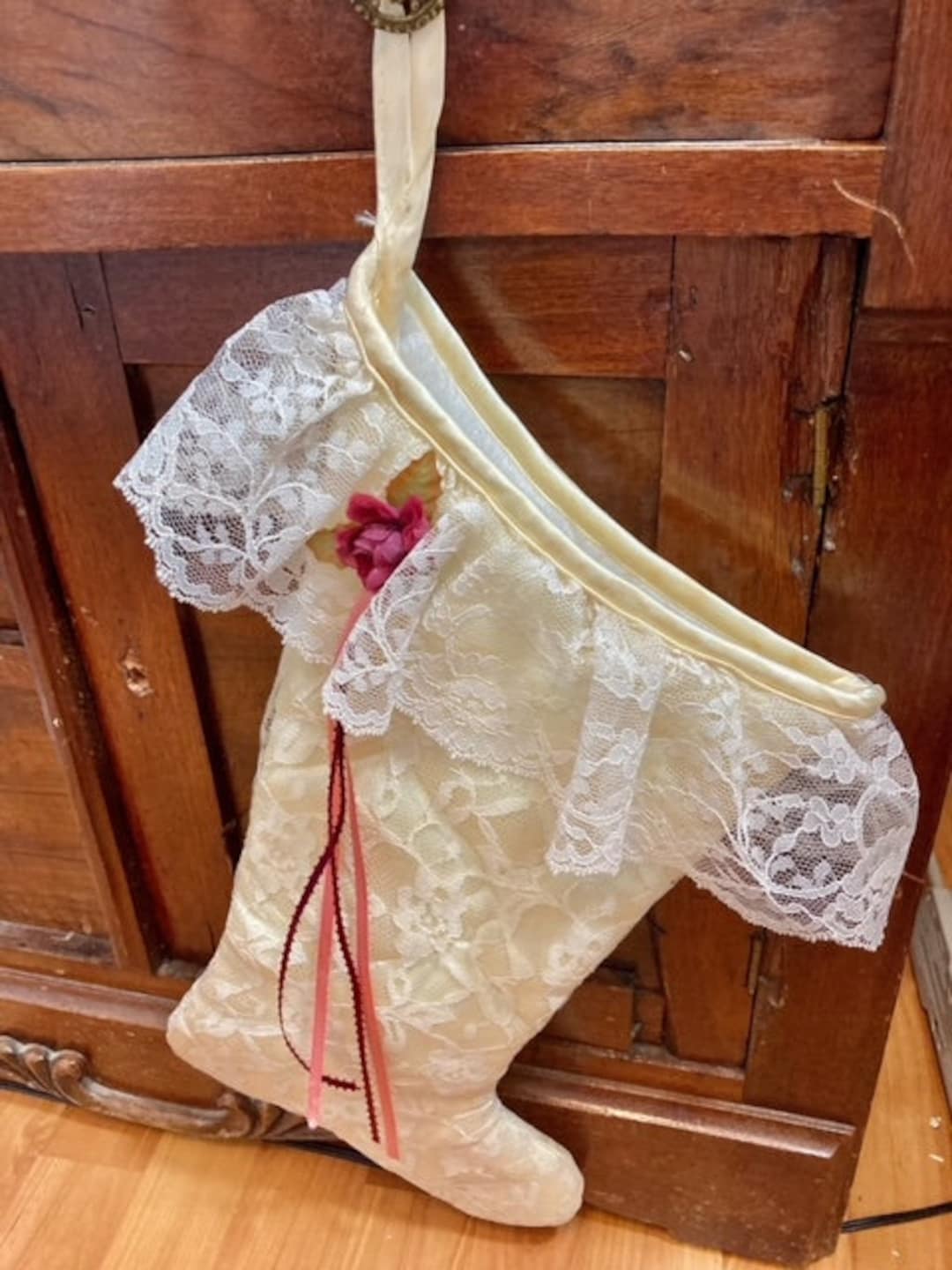 Stunning Ecru Victorian Stocking W Burgundy Flower and Ribbons - Etsy