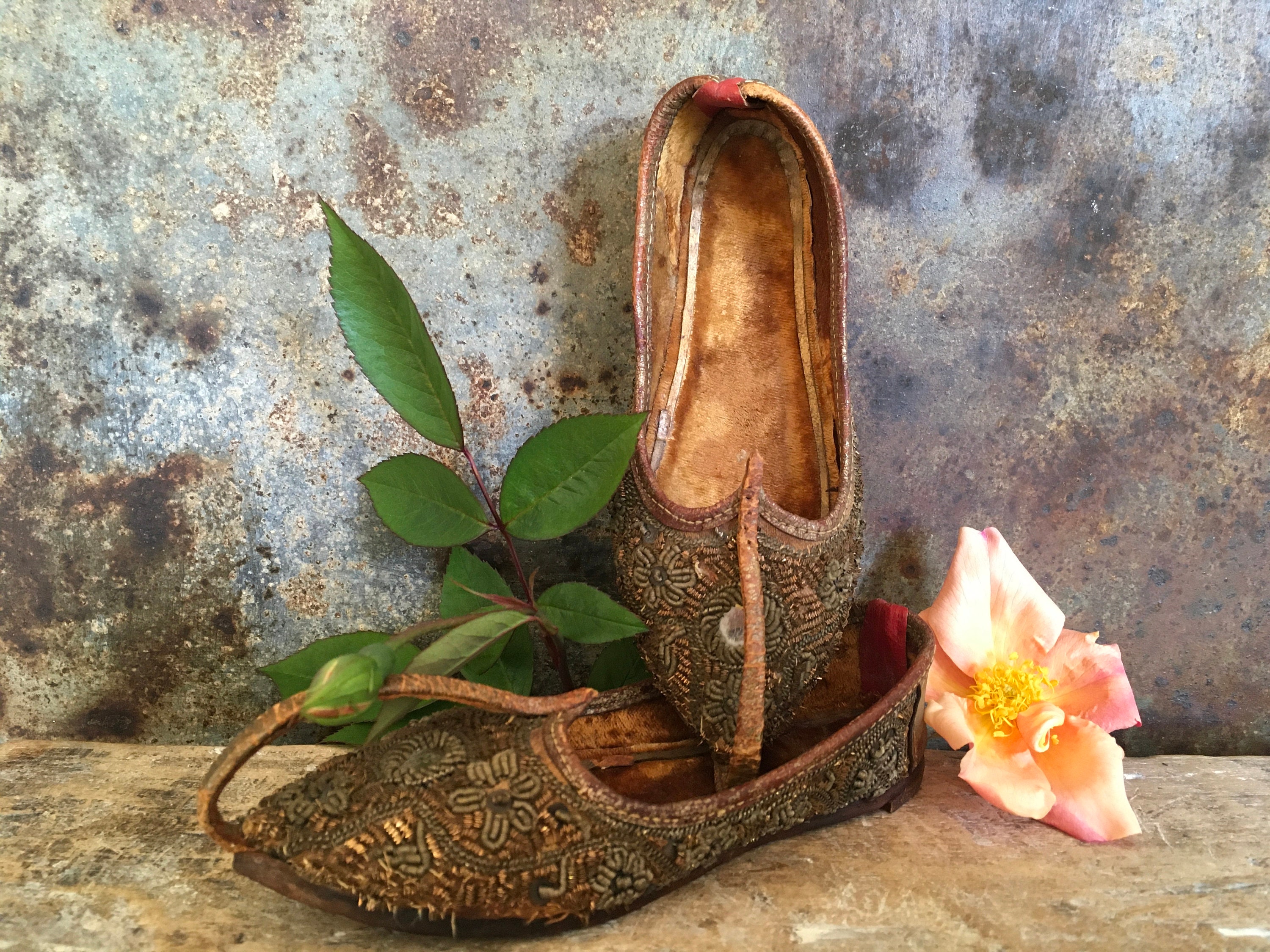 Antique Raj Hand Embroidered Slipper Shoes, Child’s Shoes, Hand Cobbled ...