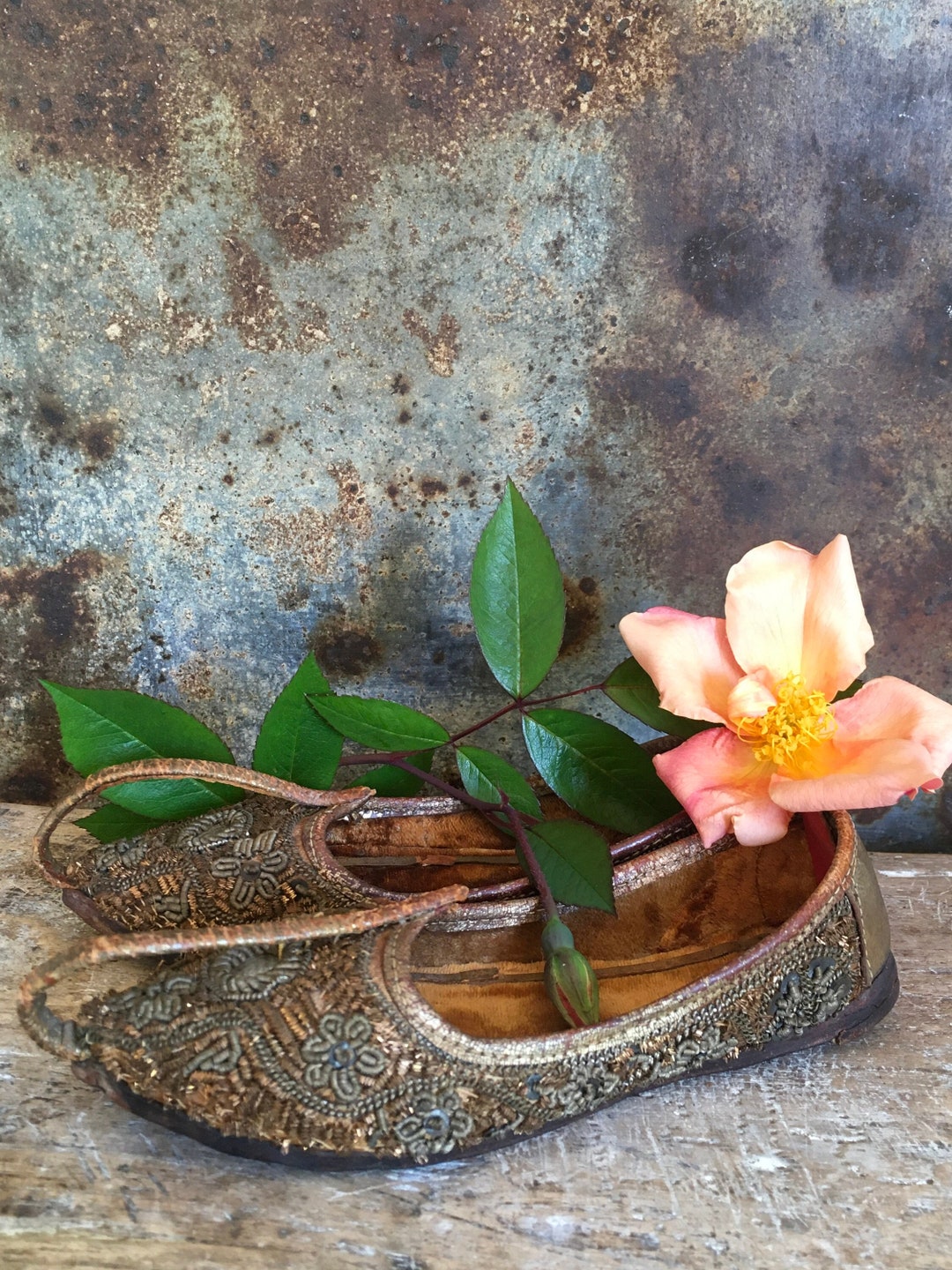 Antique Raj Hand Embroidered Slipper Shoes, Child’s Shoes, Hand Cobbled ...