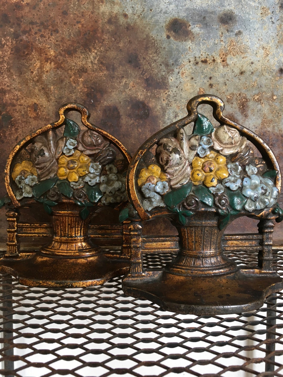 Antique Bookends , Flower Basket Bookends, Cast Iron Hubley Flower ...