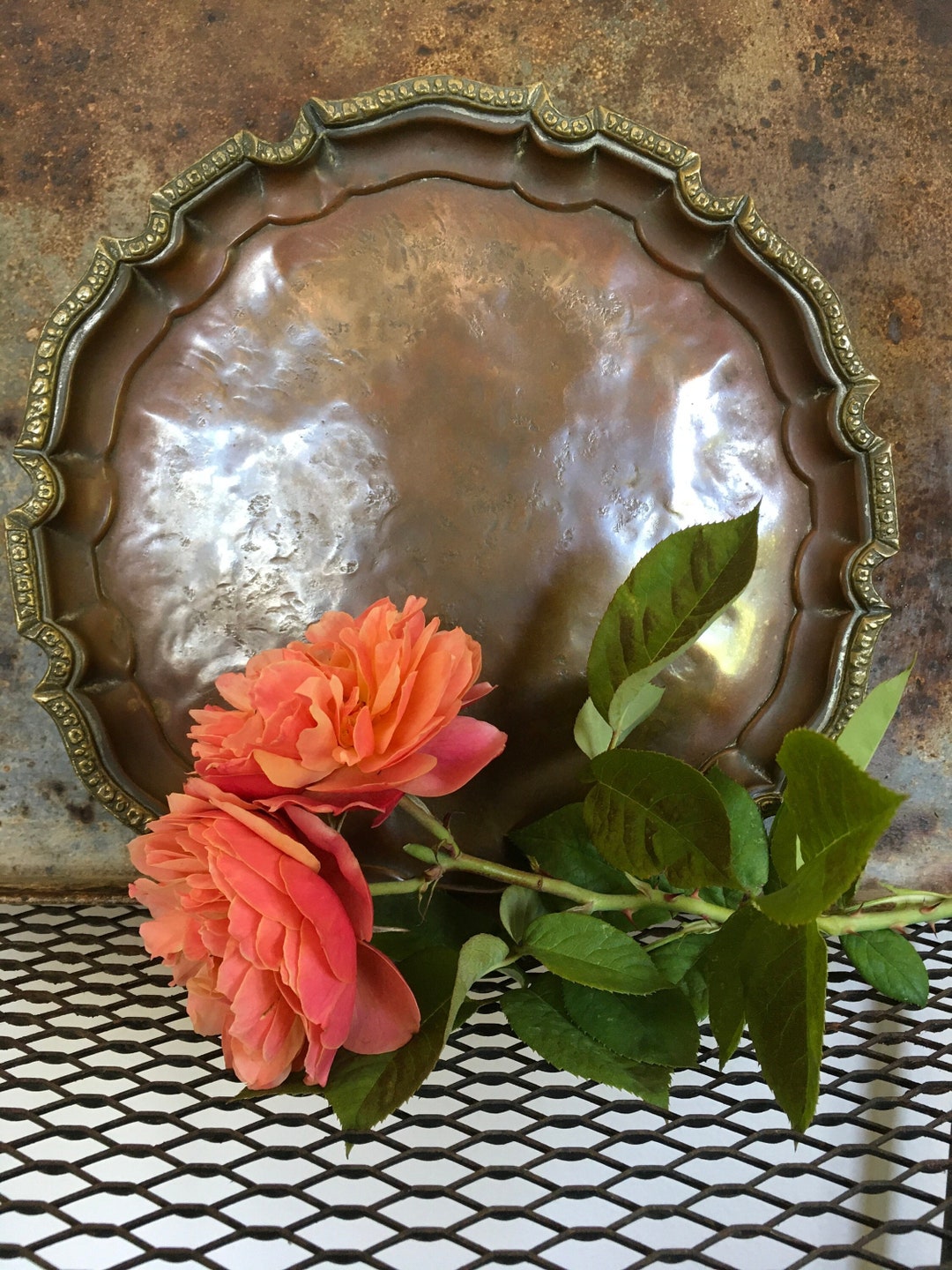 Antique Copper Tray With Cast Brass Ornamental Edge Detail; Ornamental ...