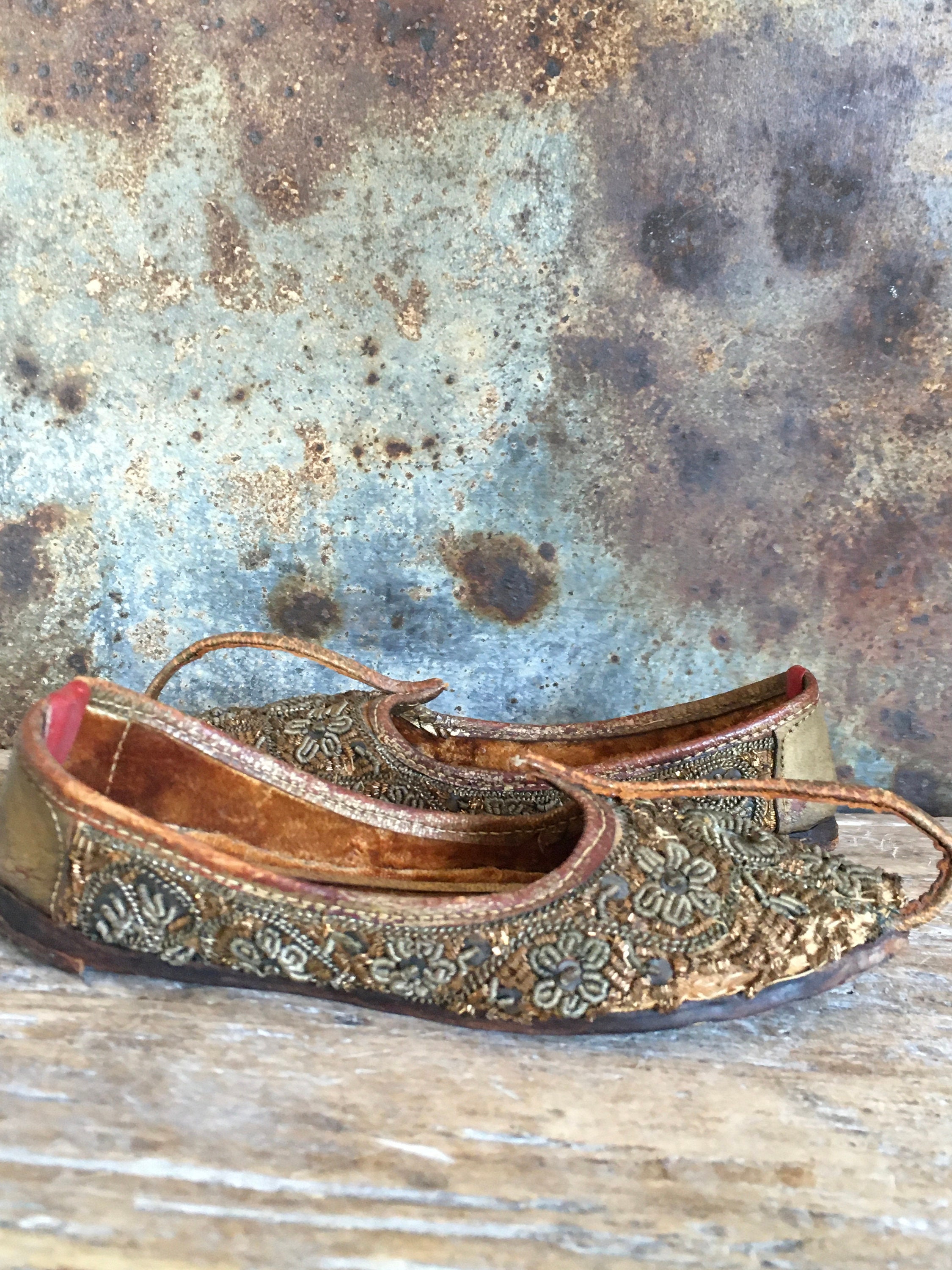 Antique Raj Hand Embroidered Slipper Shoes, Childs Shoes, Hand Cobbled ...