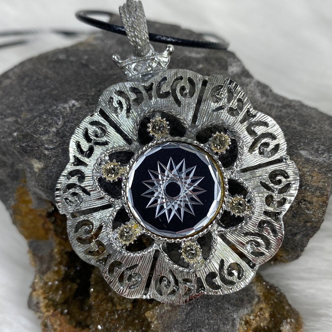 Signed HMS Vintage Medallion Necklace Silver Tone Openwork Black Cord ...