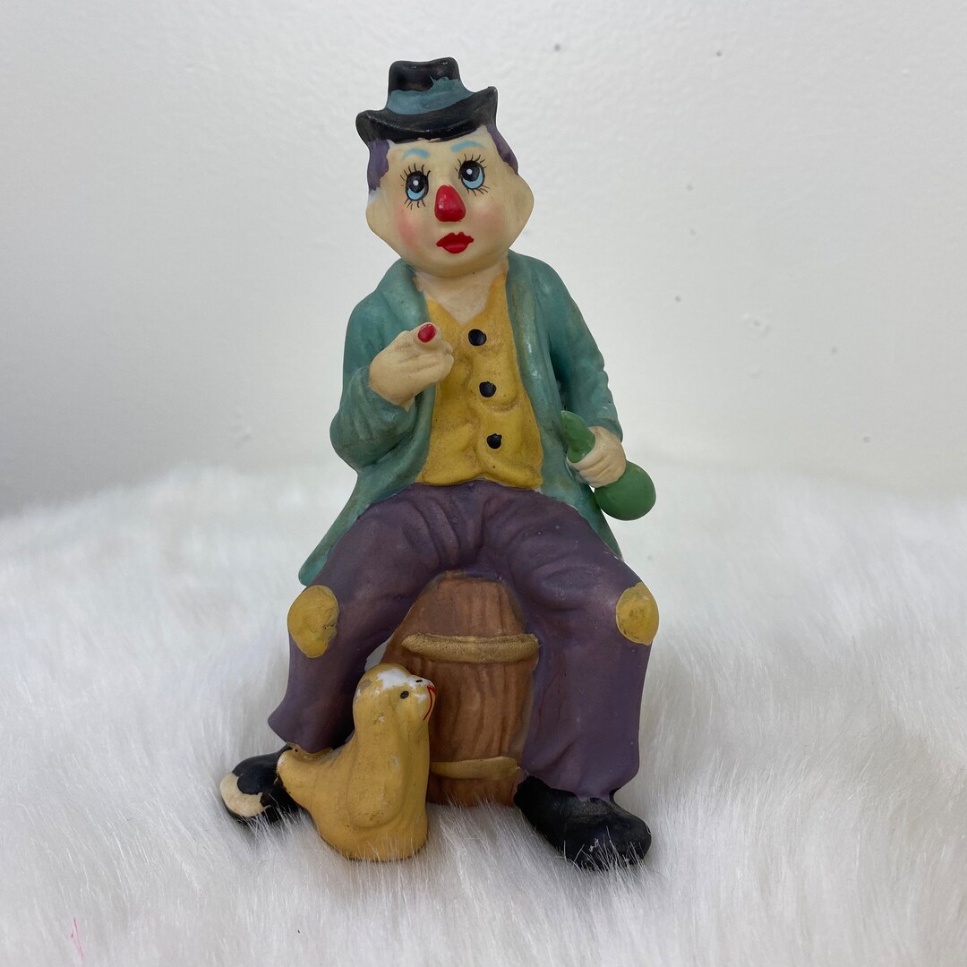 Vintage Porcelain Hobo Clown on Barrel With Dog Figurine Made in China ...