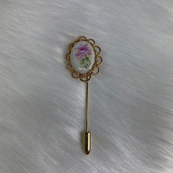Vintage Signed P.C. Flower Transfer gold tone stick p… - Gem