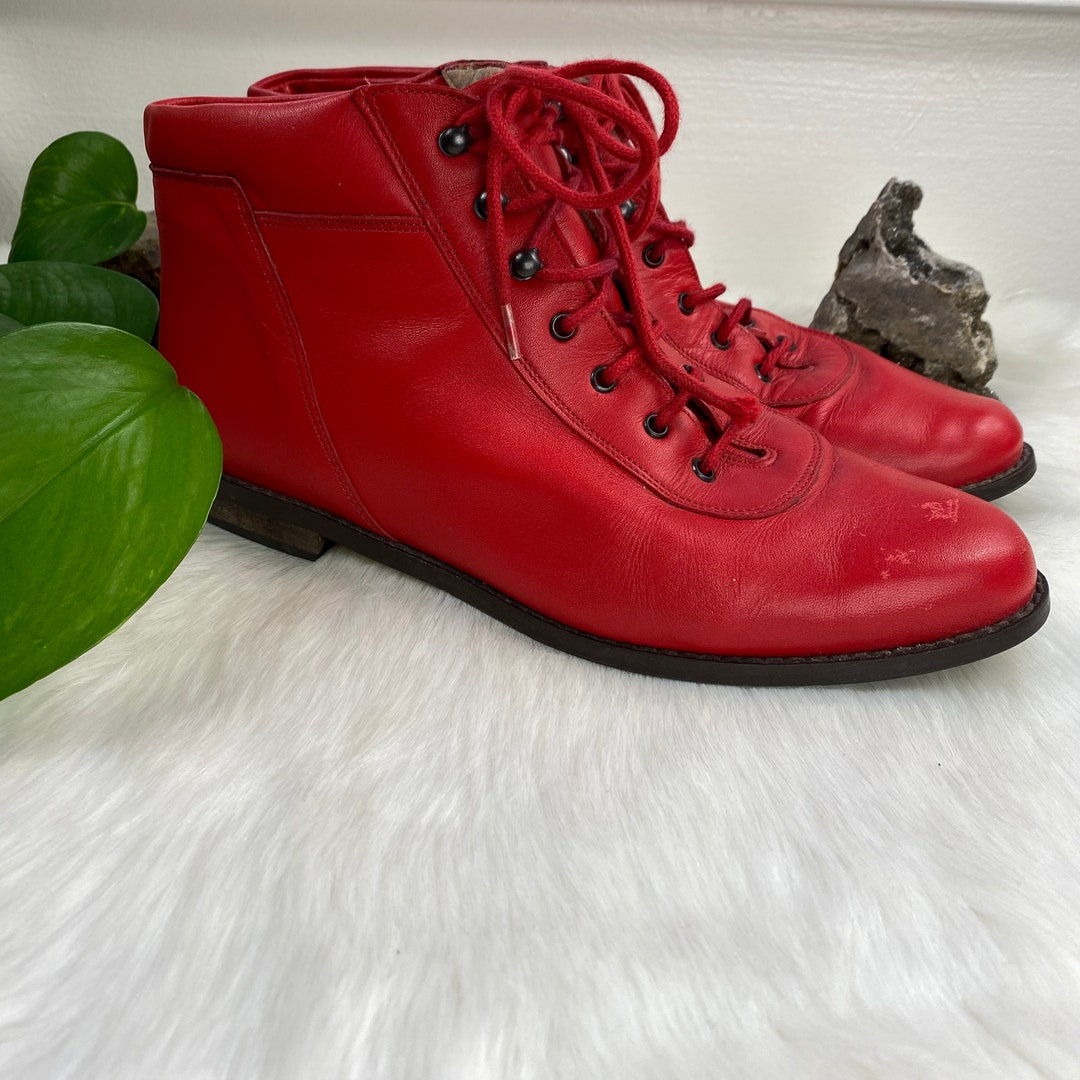 Vintage 9B Red Ankle Pixie Boots Leather Lace-up - Etsy