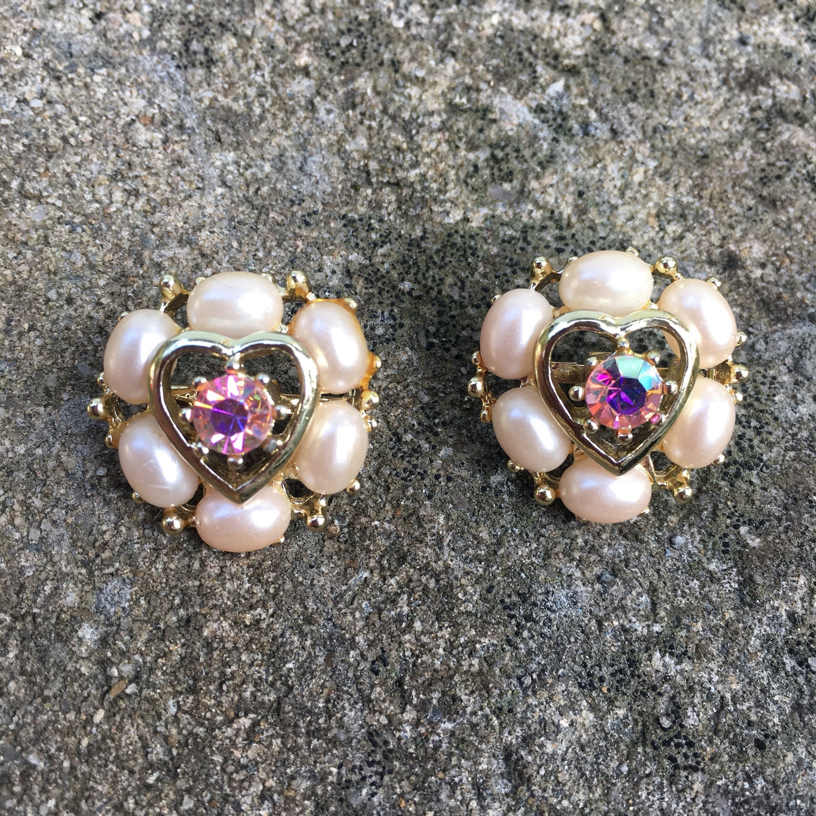 Vintage Pearl & Aurora Borealis Rhinestone Heart Gold Tone - Etsy