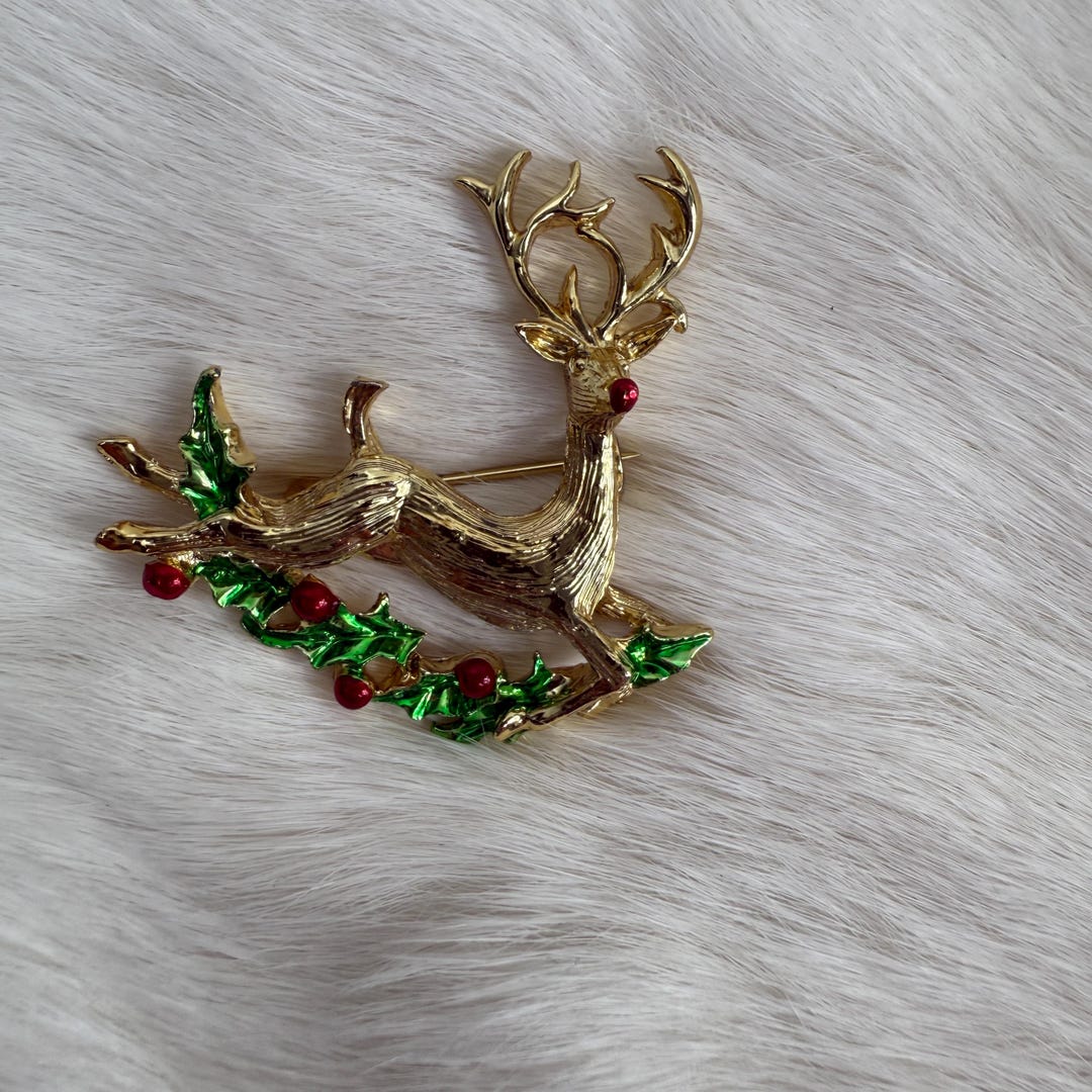 Vintage MCM Christmas Deer Gold Tone Brooch - Etsy