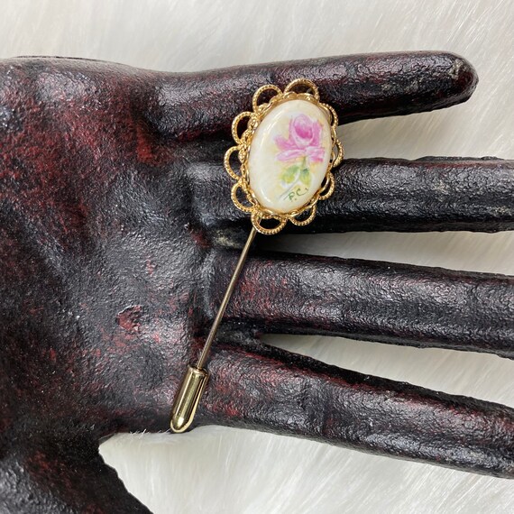 Vintage Signed P.C. Flower Transfer gold tone stick p… - Gem
