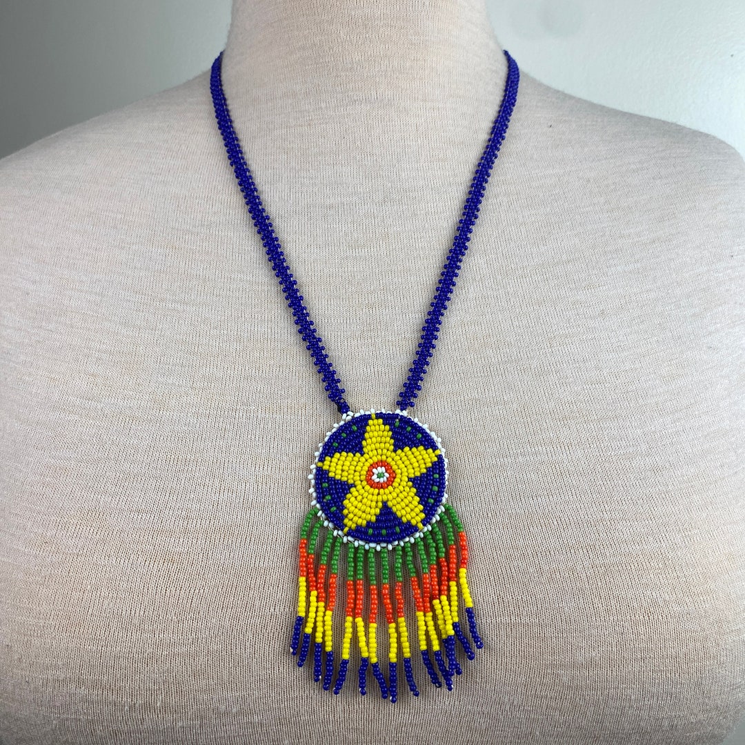 Vintage Native American Beaded Star Flower Medallion Fringe Beadwork ...