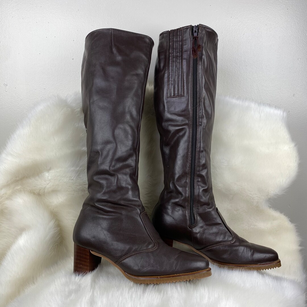 Vintage 60s Cobbies Knee High Brown Leather Sherpa Lined Boots 7.5B ...