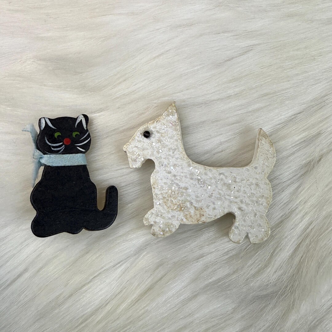 Primitive Wood Hand Painted Scotty Dog & Cat Brooch Pin - Etsy