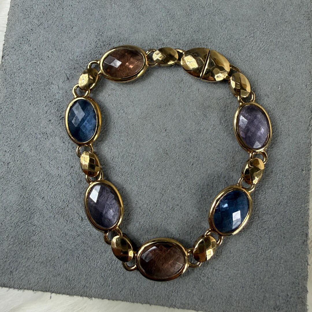 Vintage Monet Purple & Pink Glass Gold Tone Magnetic Clasp Bracelet 7. ...