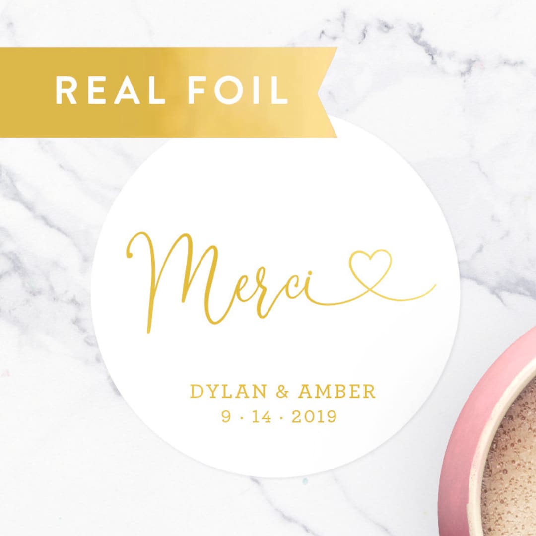 Merci Stickers for Favors, Gold Foil Favor Labels, Wedding Favor ...