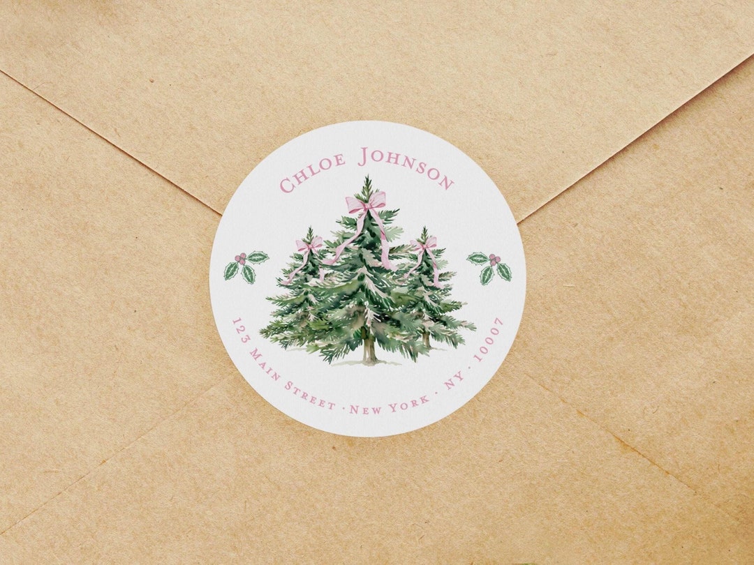 Christmas Address Labels With Pink Bow, Christmas Tree Return Stickers ...