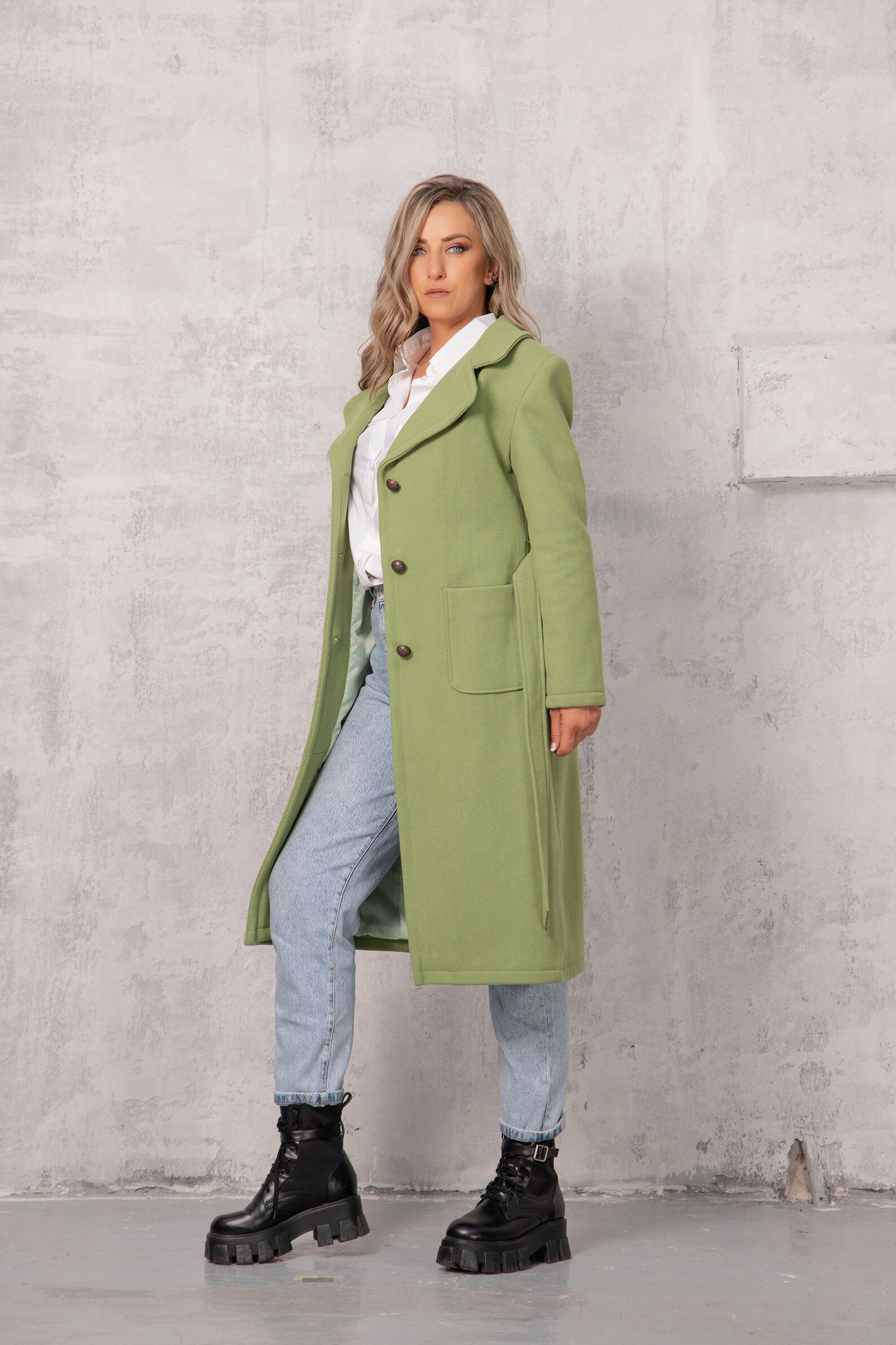 Belted Wool Coat in Green, Long Women Coat, Cashmere Coat, Plus Size ...