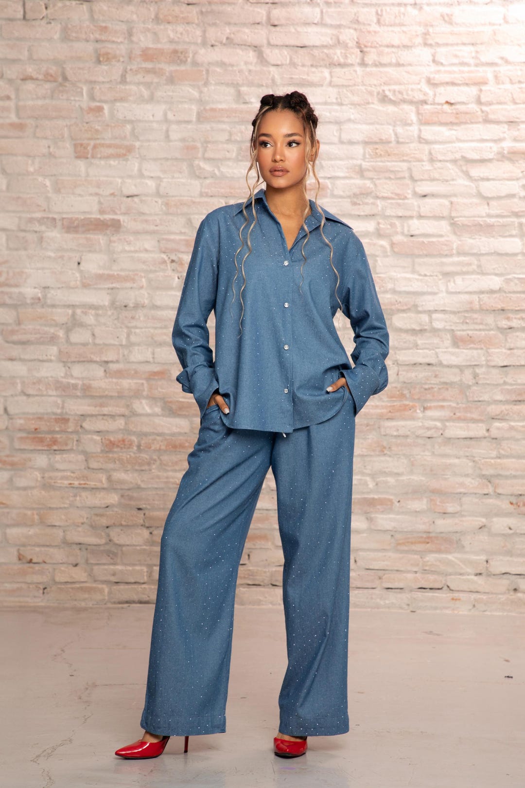 Two Piece Set, Palazzo Pants and Formal Shirt, Sparkling Stones ...