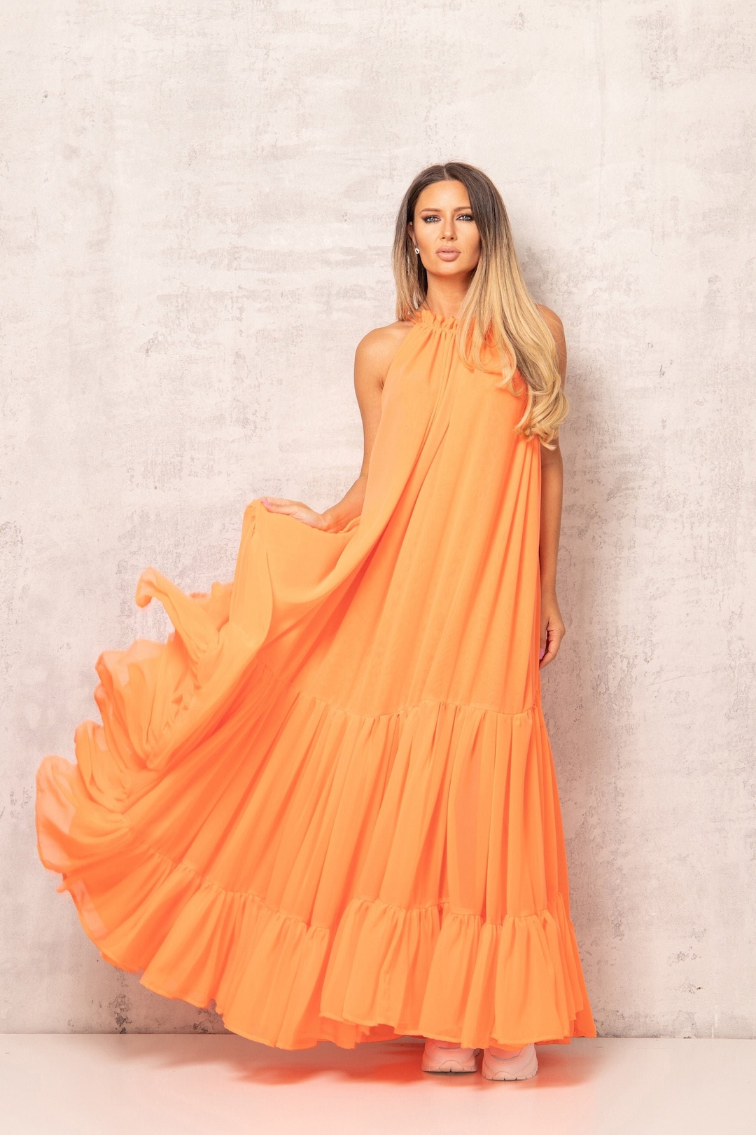 Formal Dress, Wedding Guest Dress, Orange Flowy Dress, Floor Length ...