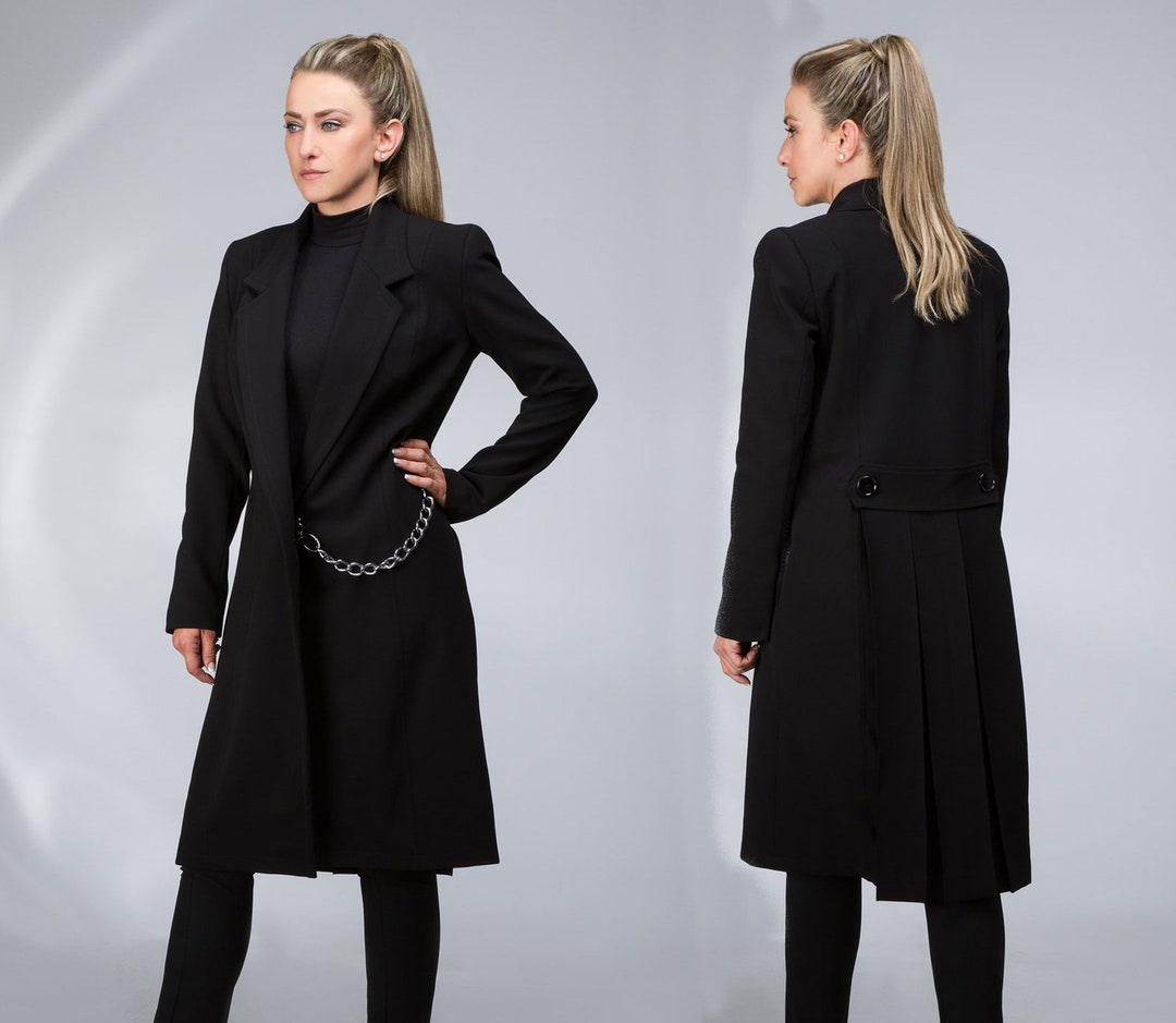 Custom Made Gabardine Overcoat With Chain, Black Gothic Style Jacket ...