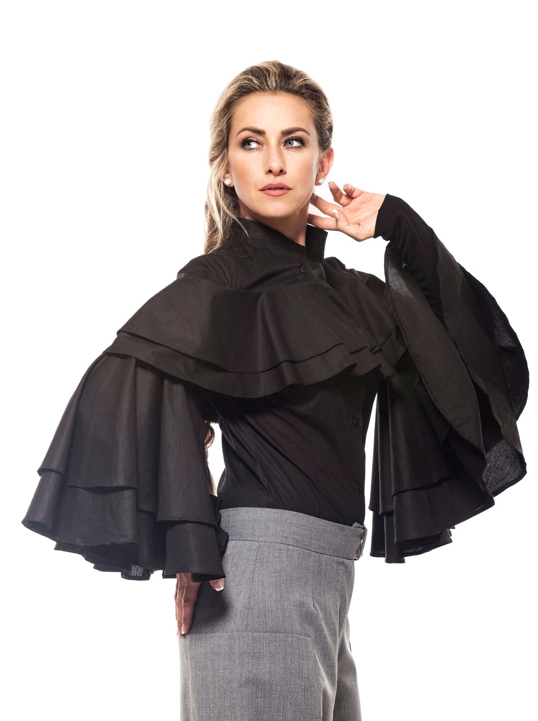 Victorian Ruffle Shirt, Hand Tailored Top, Avant Garde Blouse, Black ...