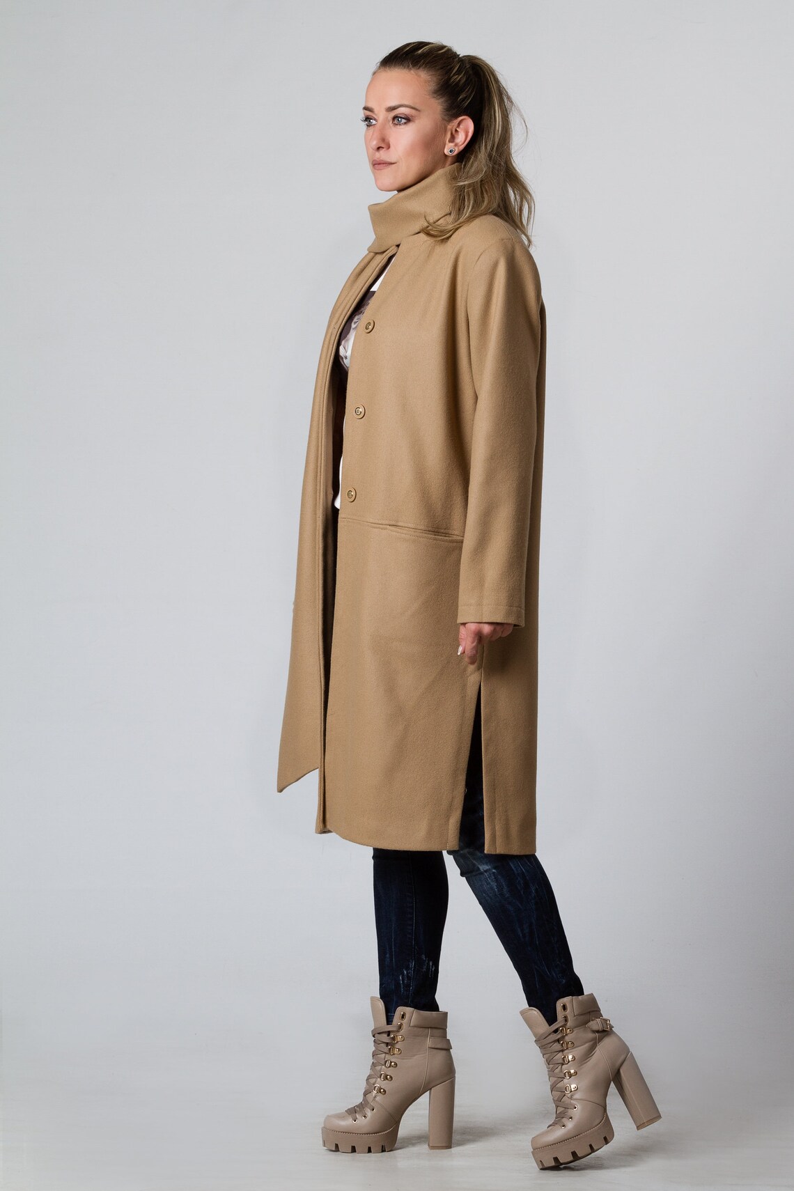 Cashmere Coat Long Wool Coat Beige Winter Coat Scarf Coat - Etsy