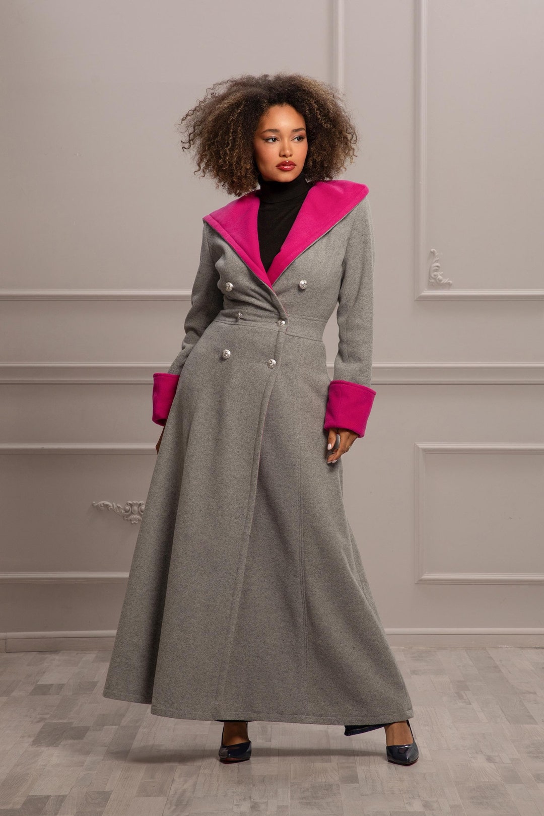 Two Color Coat, Pink and Gray Coat, Wool Cashmere Coat, Floor Length ...