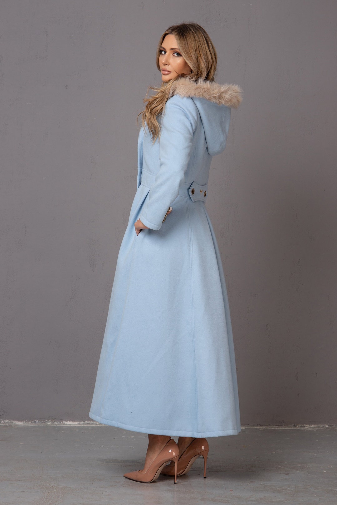 Princess Coat With Faux Fur Hood, Light Blue Hooded Coat, Wool Cashmere ...