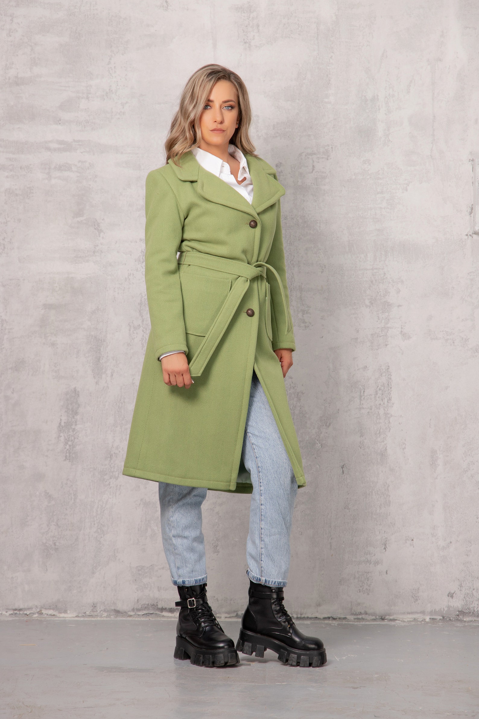 Belted Wool Coat in Green, Long Women Coat, Cashmere Coat, Plus Size ...