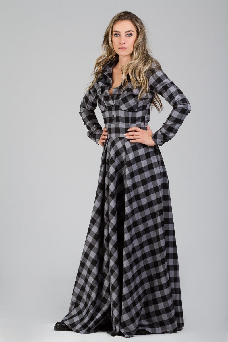 Plaid Dress, Country Style Dress, Maxi Tartan Dress, Flannel Dress ...