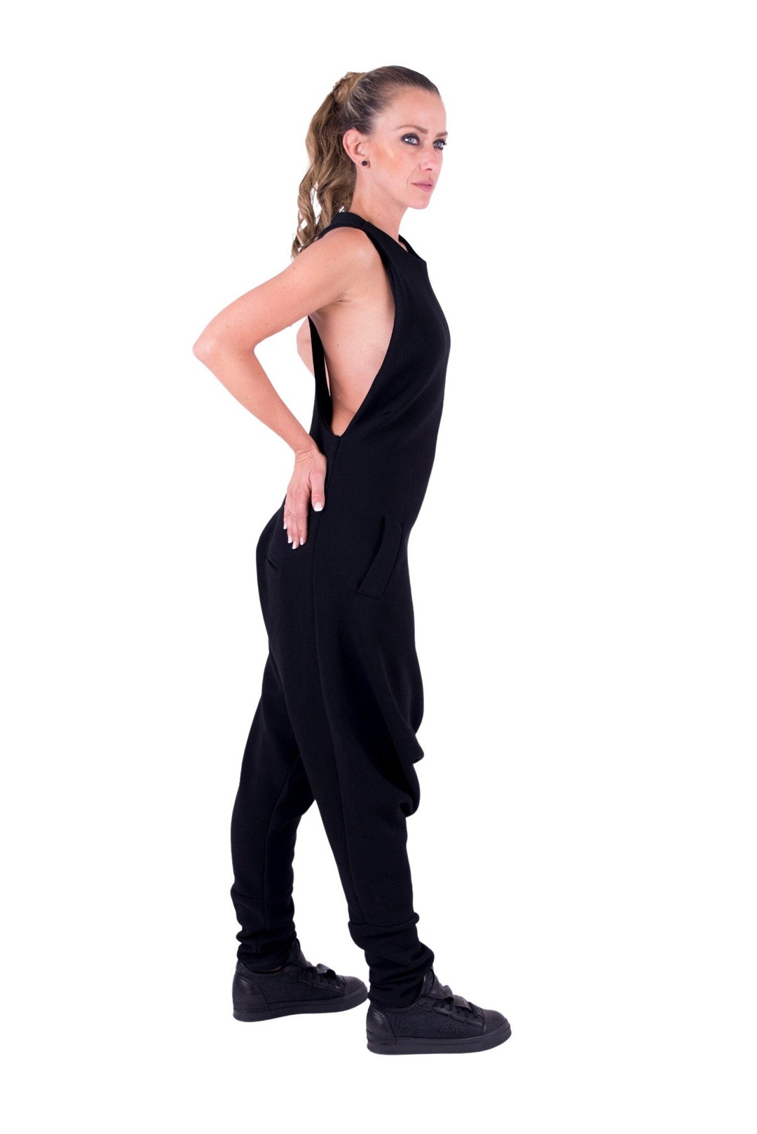 Cut Out Racerback Overalls, Drop Crotch Harem Jumpsuit, Plus Size ...