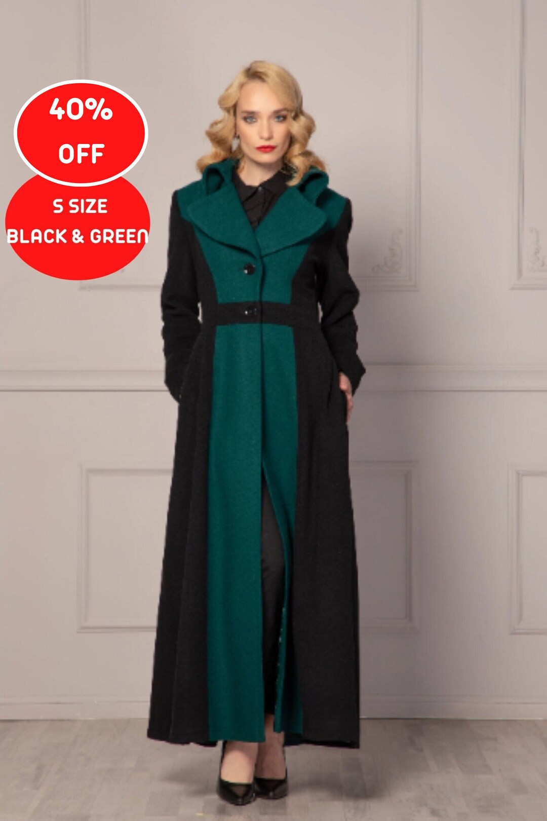 S Size 40% OFF Coat Sale - Unique Floor Length Black & Dark Green ...