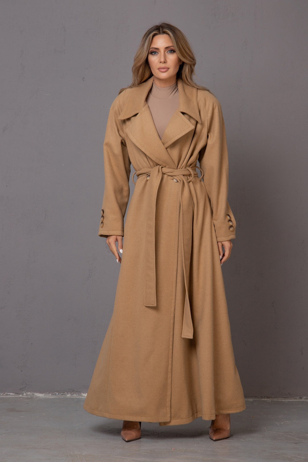 Maxi Wool Plus Size Coat - Pleated Back Coat, Wide Beige Overcoat ...