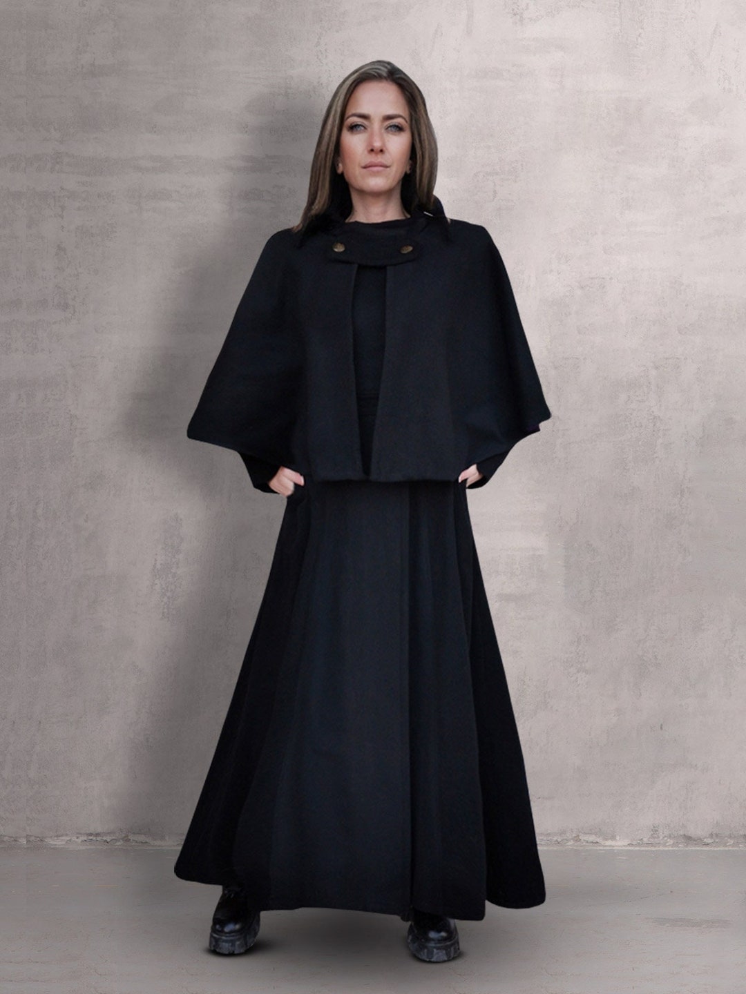 Women Cape Coat - US PREPAID TARIFFS - Black Capelet Coat, Poncho Coat ...